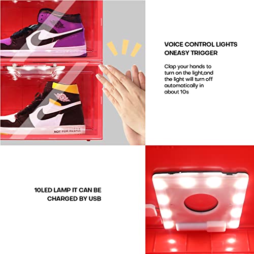 Boshen 1 Pack LED Shoe Display Cases with Voice Control Stackable Extra Large Sneaker Storage Box Magnetic Drop Side Shoe Collection Organizer for Men 13.5 & Women 14 (Red)