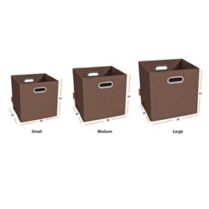 JIAessentials Medium 12-inch Brown Foldable Diamond Patterned Faux Leather Storage Cube Bins Set of Four with Handles with Dual Handles for living room, bedroom and office storage