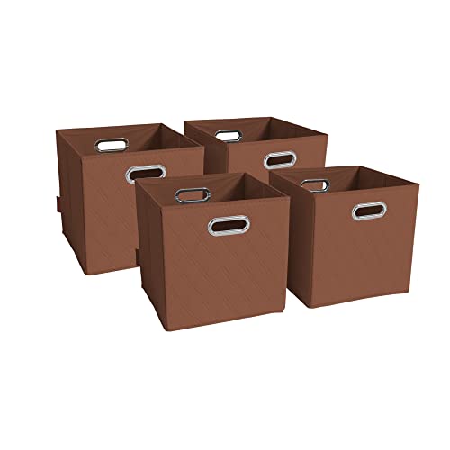 JIAessentials Medium 12-inch Brown Foldable Diamond Patterned Faux Leather Storage Cube Bins Set of Four with Handles with Dual Handles for living room, bedroom and office storage