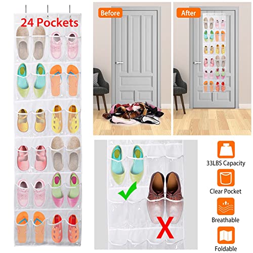 KOCASO Over the Door Shoes Rack 24-Pocket Crystal Clear Organizer 6-Layer Hanging Storage Shelf for Shoes Slippers Small Toys Closet Cabinet