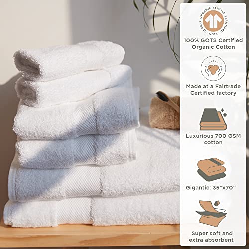 100% Organic Cotton Luxury Towel Set,6 Piece,700 GSM,Ultra Soft,High Absorbant,Bathroom,Hotel,Spa,GOTS Certified,Fair Trade Certified,2 Bath Towels 30x54,2 Hand Towels 20x30,2 Wash Cloths 13x13,White