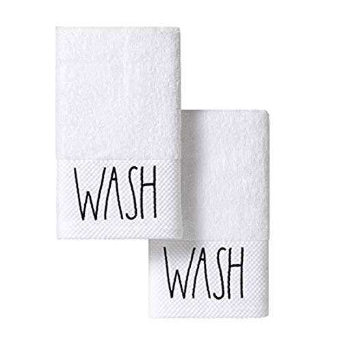 Rae Dunn Decorative Bathroom Hand Towels, Wash Embroidered Bathroom Towels Set, White Guest Bath Hand Towels with Black Text (16" x 30" x 5")