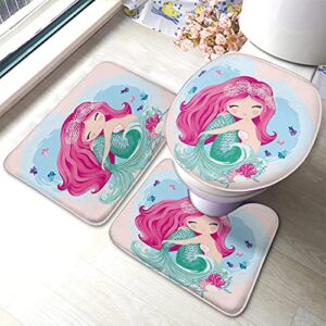 wondertify mermaid bathroom antiskid pad little cute fantasy fish girl fishes seashells 3 pieces bathroom rugs set, bath mat+contour+toilet lid cover