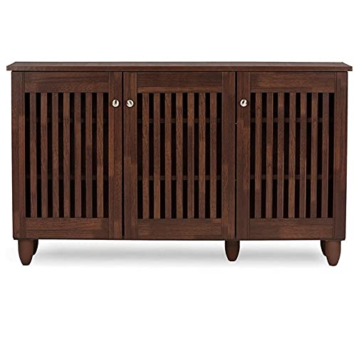 BOWERY HILL Contemporary Solid Wood 3 Door Shoe Cabinet, 12 Pairs Shoe Storage Organizer in Dark Brown