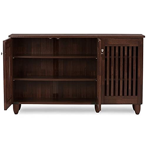 BOWERY HILL Contemporary Solid Wood 3 Door Shoe Cabinet, 12 Pairs Shoe Storage Organizer in Dark Brown