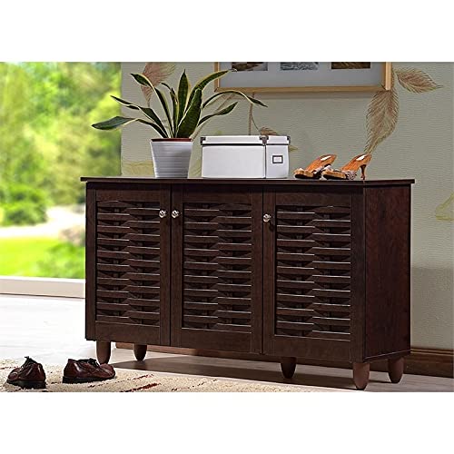 BOWERY HILL Contemporary Solid Wood 3 Door Shoe Cabinet, 12 Pairs Shoe Storage Organizer in Dark Brown