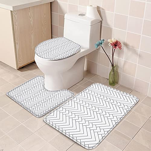 Apular Fashion 3 Piece Bath Rugs Set Modern Herringbone Geometric Grey and White Non Slip Ultra Soft Bathroom Accessories Mats, U Shape Mat and Toilet Lid Cover Mat Bath Mats