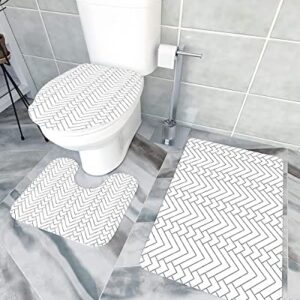 Apular Fashion 3 Piece Bath Rugs Set Modern Herringbone Geometric Grey and White Non Slip Ultra Soft Bathroom Accessories Mats, U Shape Mat and Toilet Lid Cover Mat Bath Mats