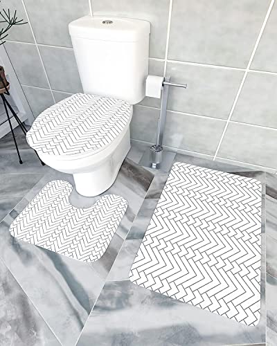 Apular Fashion 3 Piece Bath Rugs Set Modern Herringbone Geometric Grey and White Non Slip Ultra Soft Bathroom Accessories Mats, U Shape Mat and Toilet Lid Cover Mat Bath Mats