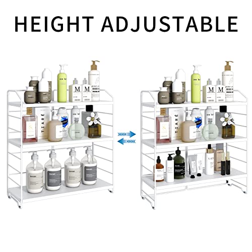 BOIVSHI 3-Tier Bathroom Countertop Rack Organizer, 8-Levels Height Adjustable Organizer Countertop Storage Shelf for Bathroom Kitchen Spice Rack Vanity Tray Cosmetic Storage Holder, Metal White