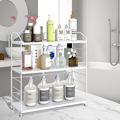 BOIVSHI 3-Tier Bathroom Countertop Rack Organizer, 8-Levels Height Adjustable Organizer Countertop Storage Shelf for Bathroom Kitchen Spice Rack Vanity Tray Cosmetic Storage Holder, Metal White