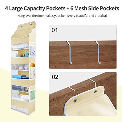 Pomeney Over Door Organizer with Dustproof Cover, Behind Door Storage 4 Large Pockets and 6 Side Pockets, Front Door Organizer for Diapers Organizer, Nonwoven Material Breathable，Beige