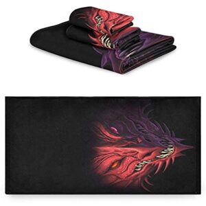 Naanle 3D Magic Angry Red Dragon Head Print Soft Luxury Decorative Set of 3 Towels, 1 Bath Towel+1 Hand Towel+1 Washcloth, Multipurpose for Bathroom, Hotel, Gym, Spa and Beach(Black)