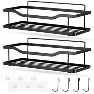 pisman shower caddy,bathroom organizer,2 pack adhesive shower shelves with hooks,black shower rack for bathroom/toilet/kitchen etc (matte black 2 pack)