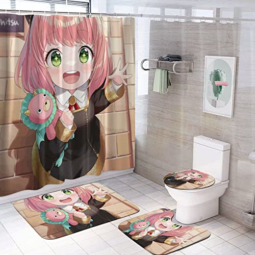 S.py X Family Anime 4pcs Shower Curtain Sets with Non Slip Rugs, Toilet Lid Cover and Bath Mat, Shower Curtain with 12 Hooks for Bathroom