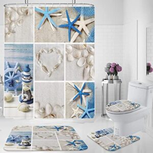 zokyer starfish shower curtain set seashell beach coastal conch ocean blue bathroom decor with non-slip rugs toilet lid cover u shape mat 12 hooks fabric polyester (60wx72l)