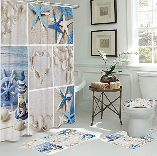 zokyer Starfish Shower Curtain Set Seashell Beach Coastal Conch Ocean Blue Bathroom Decor with Non-Slip Rugs Toilet Lid Cover U Shape Mat 12 Hooks Fabric Polyester (60Wx72L)