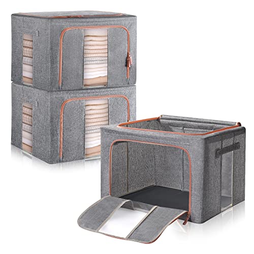 66L Clothes Storage Bins with Metal Frame, Fiberboard Bottom Thick Cotton Linen Protect from Moisture Dust Double Opening Zipper Perfect for Clothing Toys Sheets Blankets (Set of 3)