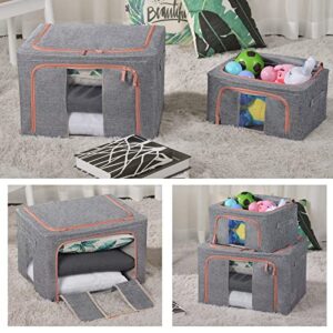 66L Clothes Storage Bins with Metal Frame, Fiberboard Bottom Thick Cotton Linen Protect from Moisture Dust Double Opening Zipper Perfect for Clothing Toys Sheets Blankets (Set of 3)