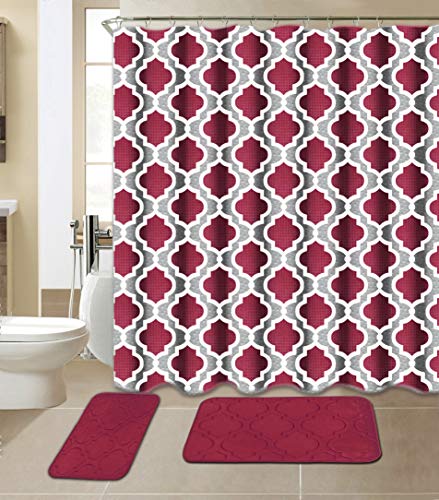 All American Collection 15-Piece Bathroom Set with 2 Memory Foam Bath Mats and Matching Shower Curtain | Designer Patterns and Colors (Geometric Burgundy)