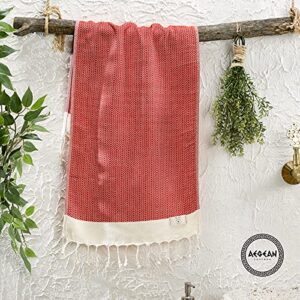 Aegean Concept Turkish Hand Towels Set of 2 | 100% Cotton, 18 x 41 Inches | Decorative Bathroom Peshtemal Towel for Hand, Face, Hair, Gym, Yoga, Tea, Dishcloth, Kitchen and Bath -Red