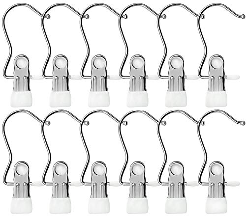 YCLOVE Pant Hangers with Clips Clothes Trousers Jean Skirt Slacks Hangers Boot Clips 360° Swivel Adujstable Clips Non-Slip Stainless Iron Anti-Rust (12 Pack White Laundry Hooks)