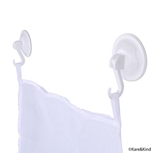 Bath Toy Organizer Set - 2 Extra Large Mesh Bags - 6 Extra Strong Grip Lock Suction Cup Hooks (White) - Easy Storage of Bath Toys and Other Bathroom Items - Mesh Bags Allow Content to Dry