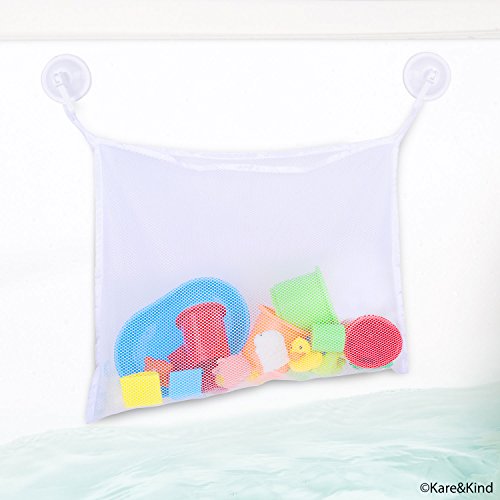 Bath Toy Organizer Set - 2 Extra Large Mesh Bags - 6 Extra Strong Grip Lock Suction Cup Hooks (White) - Easy Storage of Bath Toys and Other Bathroom Items - Mesh Bags Allow Content to Dry