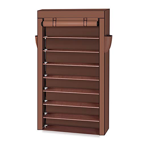 Flandre 10 Tiers Shoe Rack with Dustproof Cover Space Saving Closet Shoe Storage Cabinet Organizer (Mocha)