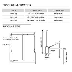 mellifuous Pull Down Closet Rod, Retractable Heavy Duty Rods Hanging Clothes, Adjustable Extender Rod Wardrobe Lift Aluminium 35''-47.2'', 30 lbs Load Capacity, black, 35''-47.2'' (890-1200mm)