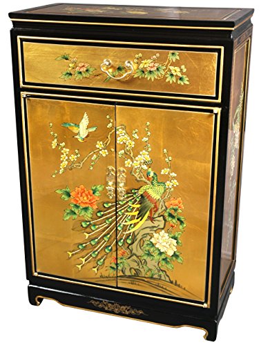 Oriental Furniture 36" Gold Leaf Shoe Cabinet - Birds and Flowers