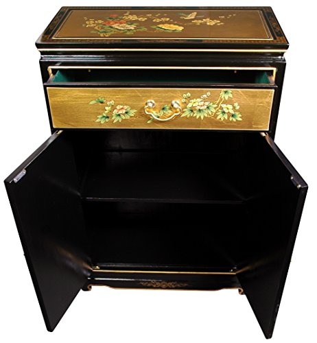 Oriental Furniture 36" Gold Leaf Shoe Cabinet - Birds and Flowers