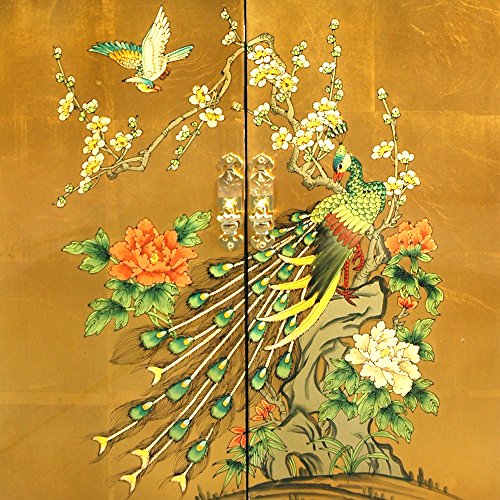 Oriental Furniture 36" Gold Leaf Shoe Cabinet - Birds and Flowers