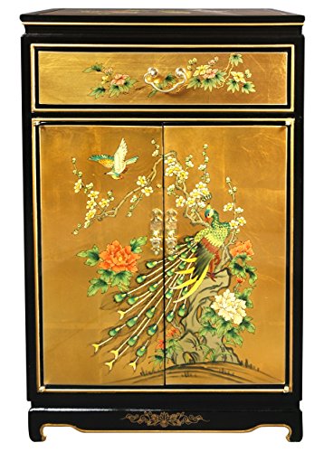 Oriental Furniture 36" Gold Leaf Shoe Cabinet - Birds and Flowers