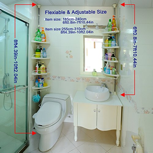 BAOYOUNI 4 Tier Shower Pole Caddy Tension Rod Adjustable Corner Storage Rack Organizer Stand Vertical Tall Bathtub Shelf Floor to Ceiling Extendable Bathroom Space Saver - Ivory