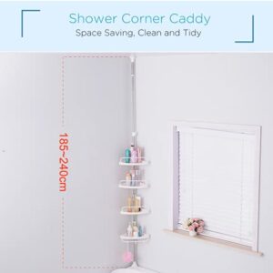 BAOYOUNI 4 Tier Shower Pole Caddy Tension Rod Adjustable Corner Storage Rack Organizer Stand Vertical Tall Bathtub Shelf Floor to Ceiling Extendable Bathroom Space Saver - Ivory