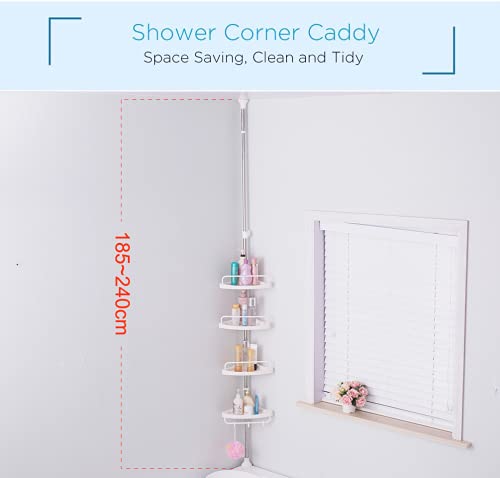 BAOYOUNI 4 Tier Shower Pole Caddy Tension Rod Adjustable Corner Storage Rack Organizer Stand Vertical Tall Bathtub Shelf Floor to Ceiling Extendable Bathroom Space Saver - Ivory