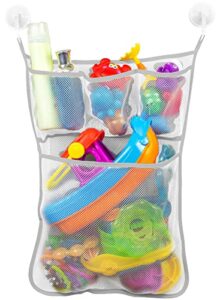 s&t inc. baby bath toy storage for tub with pockets, kids bath toy holder or mesh shower caddy, holds kid toys, soaps, or shampoos, 14 inch by 20 inch net with hooks included, grey, 1 pack