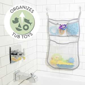 S&T INC. Baby Bath Toy Storage for Tub with Pockets, Kids Bath Toy Holder or Mesh Shower Caddy, Holds Kid Toys, Soaps, or Shampoos, 14 Inch by 20 Inch Net with Hooks Included, Grey, 1 Pack