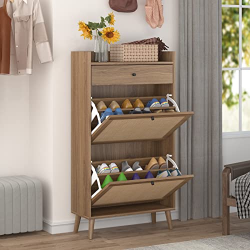 TehRecBT Rattan Shoe Cabinet,Freestanding Shoe Rack Storage Organizer with 2 Flip Drawers & 1 Storage Drawer, Modern Shoe Storage Cabinet with Wood Legs for Entryway (Wood Grain)