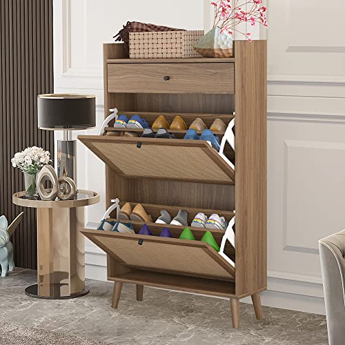 TehRecBT Rattan Shoe Cabinet,Freestanding Shoe Rack Storage Organizer with 2 Flip Drawers & 1 Storage Drawer, Modern Shoe Storage Cabinet with Wood Legs for Entryway (Wood Grain)