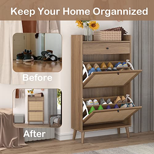 TehRecBT Rattan Shoe Cabinet,Freestanding Shoe Rack Storage Organizer with 2 Flip Drawers & 1 Storage Drawer, Modern Shoe Storage Cabinet with Wood Legs for Entryway (Wood Grain)