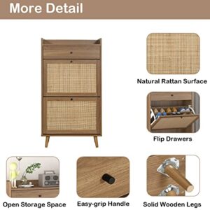 TehRecBT Rattan Shoe Cabinet,Freestanding Shoe Rack Storage Organizer with 2 Flip Drawers & 1 Storage Drawer, Modern Shoe Storage Cabinet with Wood Legs for Entryway (Wood Grain)