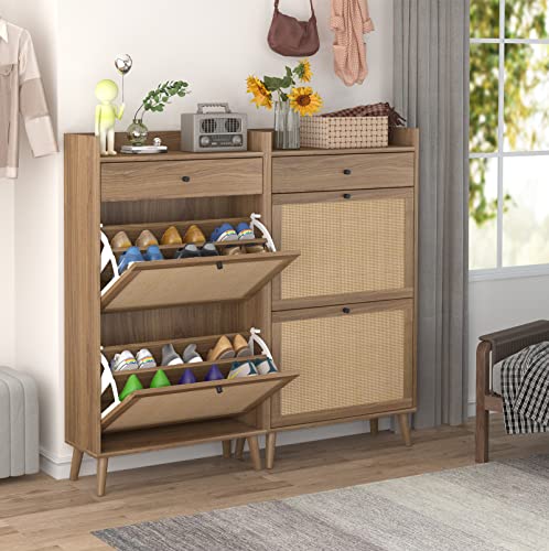 TehRecBT Rattan Shoe Cabinet,Freestanding Shoe Rack Storage Organizer with 2 Flip Drawers & 1 Storage Drawer, Modern Shoe Storage Cabinet with Wood Legs for Entryway (Wood Grain)