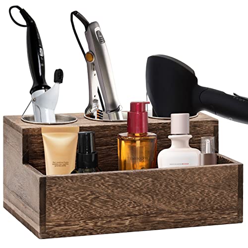 Wooden Hair Dryer Holder - Rustic Hair Tools Organizer with 3 Circular Holes and 1 Compartment, Wooden Hair Accessories Organizer for Bathroom Vanity Countertop Storage Hair Dryer, Accessories