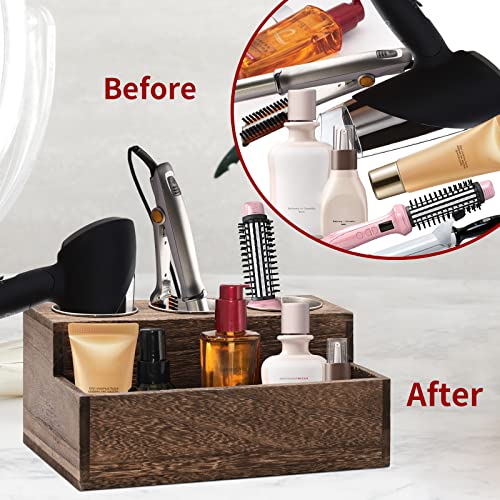 Wooden Hair Dryer Holder - Rustic Hair Tools Organizer with 3 Circular Holes and 1 Compartment, Wooden Hair Accessories Organizer for Bathroom Vanity Countertop Storage Hair Dryer, Accessories