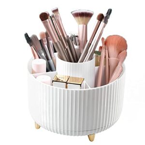 large capacity rotating makeup organizer 360 degree brush organizer with 5 slots makeup brush holder for vanity decor bathroom countertops cosmetic display cases (white)