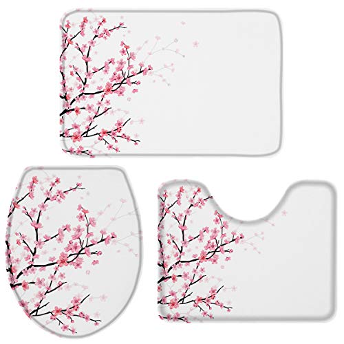 Fancyine 3 Pieces Bath Rugs Sets Spring Blooming Cherry Blossoms Soft Non-Slip Absorbent Toilet Seat Cover U-Shaped Toilet Mat for Bathroom Decor Japanese Flowers