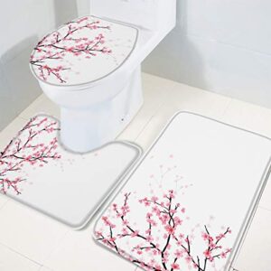 Fancyine 3 Pieces Bath Rugs Sets Spring Blooming Cherry Blossoms Soft Non-Slip Absorbent Toilet Seat Cover U-Shaped Toilet Mat for Bathroom Decor Japanese Flowers