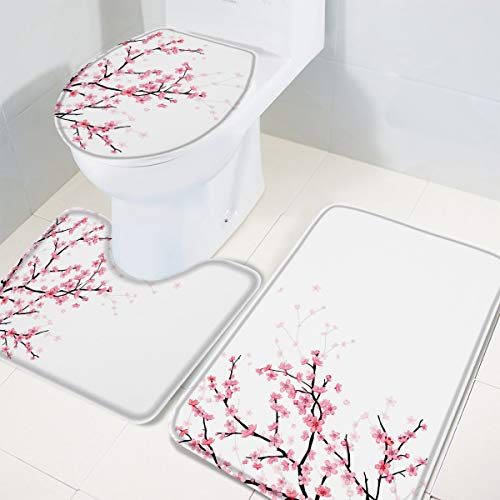 Fancyine 3 Pieces Bath Rugs Sets Spring Blooming Cherry Blossoms Soft Non-Slip Absorbent Toilet Seat Cover U-Shaped Toilet Mat for Bathroom Decor Japanese Flowers